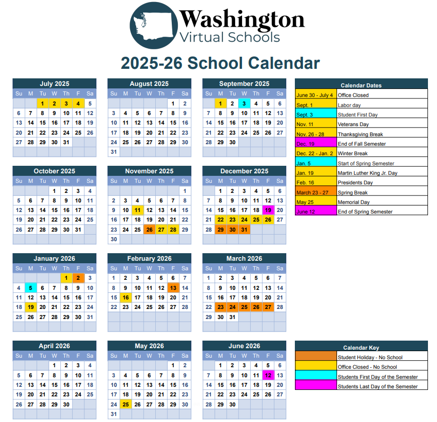 Washington Virtual Schools School Calendar and Important Program Dates
